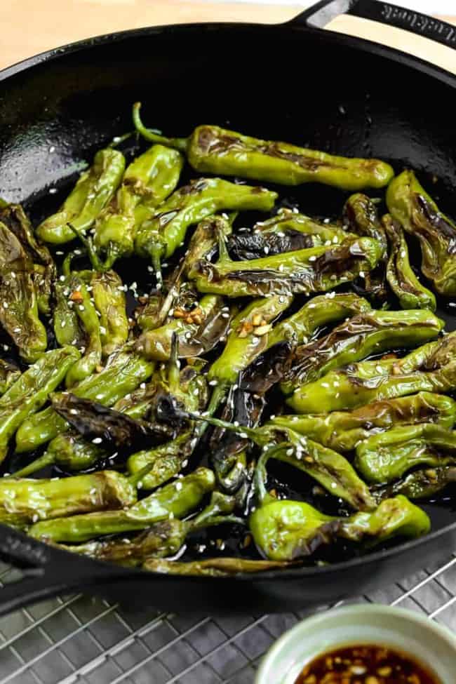 Blistered Shishito Peppers with Soy Garlic Sauce - Girl With The Iron Cast