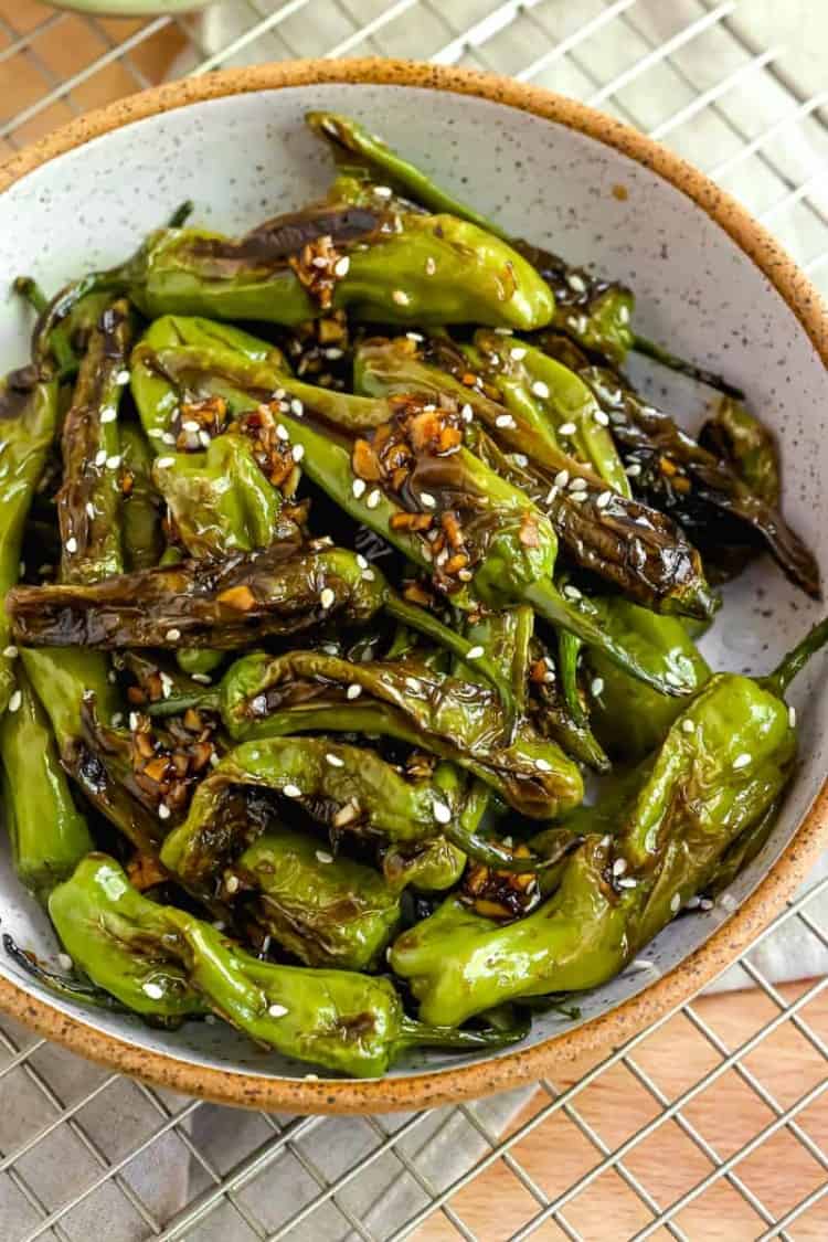 Blistered Shishito Peppers with Soy Garlic Sauce - Girl With The Iron Cast