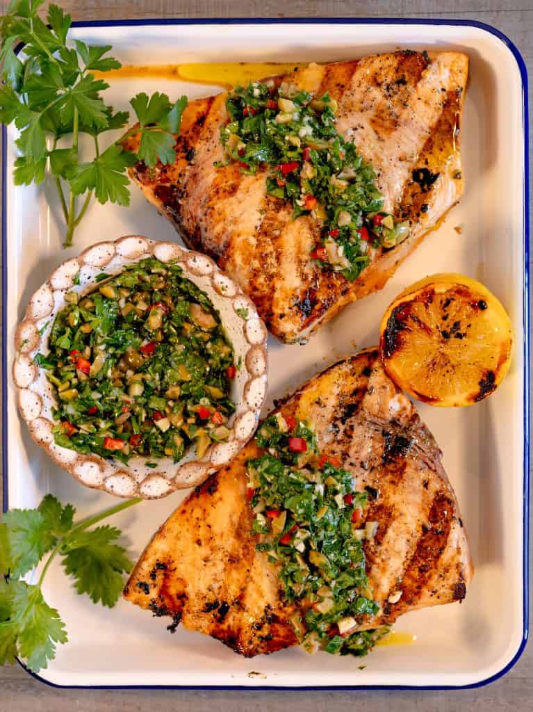 Marinated Grilled Swordfish with Olive Chimichurri - Girl With The Iron ...