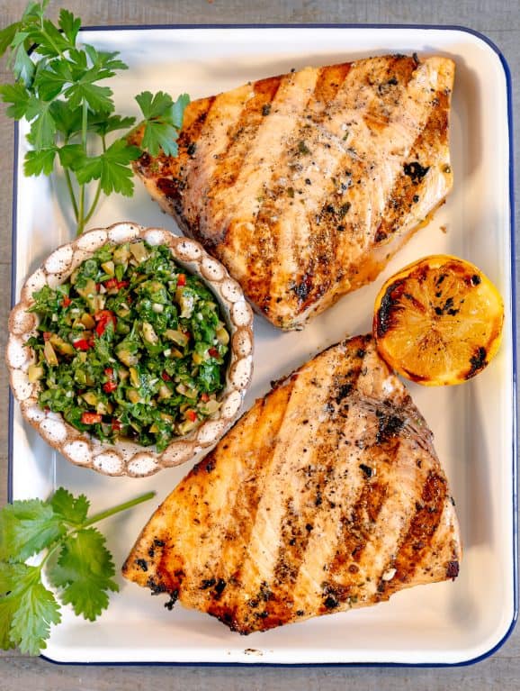 Marinated Grilled Swordfish with Olive Chimichurri - Girl With The Iron ...
